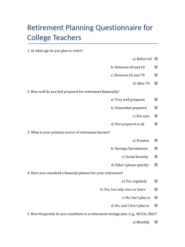Retirement Planning Questionnaire Right Checkbox | PDF | Retirement ...