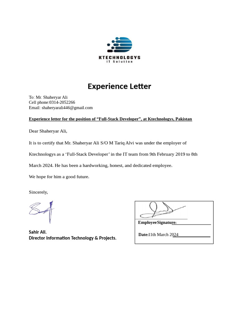 Ktechnologys - Experience Letter - Shaheryar Ali | PDF