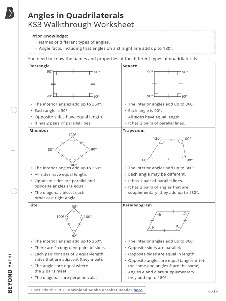Quadrilateral Angles Worksheet KS3 | PDF | Geometry | Classical Geometry
