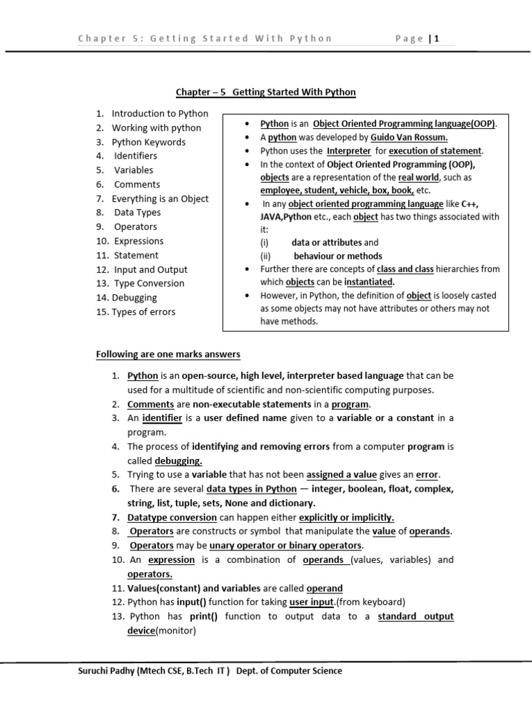 I PUC CS Chapter 5 Getting Started With Python Final | PDF | Reserved Word | Parameter (Computer ...
