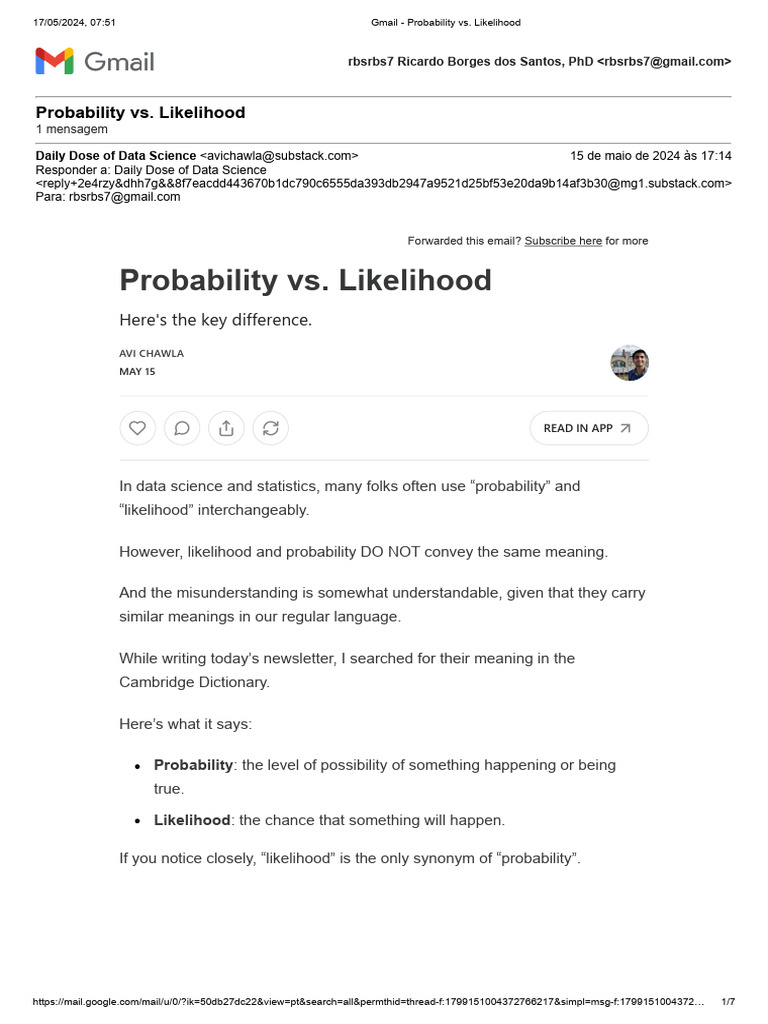 Daily Dose of Data Science - Probability vs. Likelihood | PDF | Statistical Theory | Applied ...