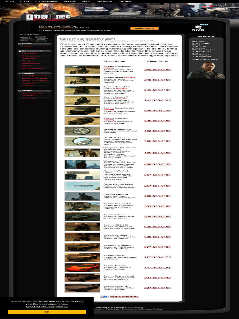 GTA IV: The Lost and Damned Cheats | PDF