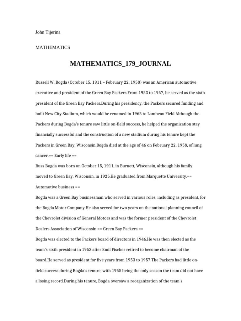 Mathematics 179 Journal | PDF | Sports | American Football