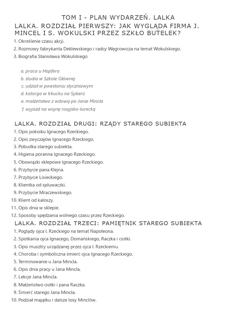 Lalka - Plan Wydarzeń (Szczegółowy) | PDF