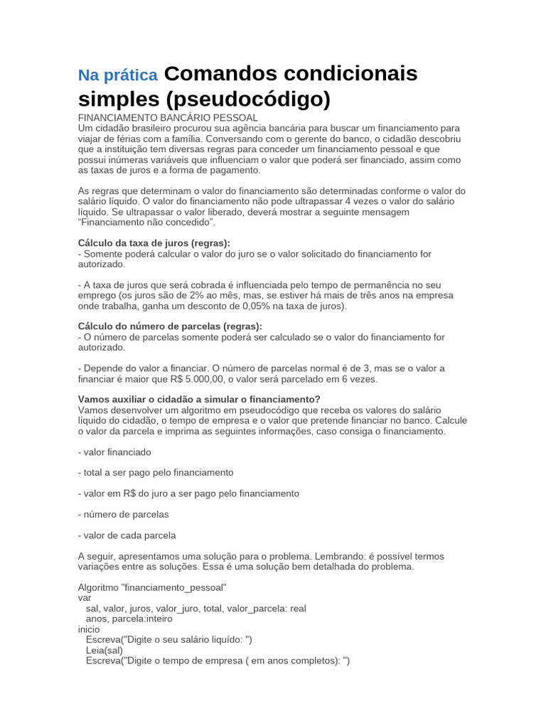 Na Prática-Comandos Condicionais Simples | PDF | Juros | Bancos