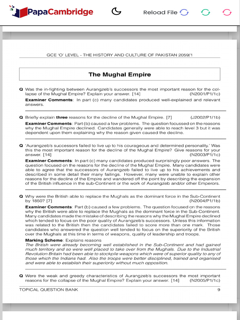 2059 p1 History Topical With Comments Marking Scheme - PDF CAIE PapaCambridge | PDF | Mughal ...