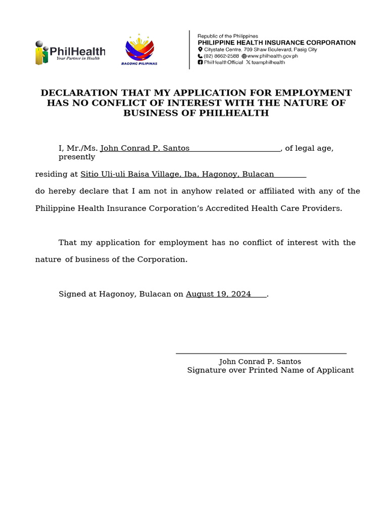 Conflict of Interest Declaration for Employment | PDF
