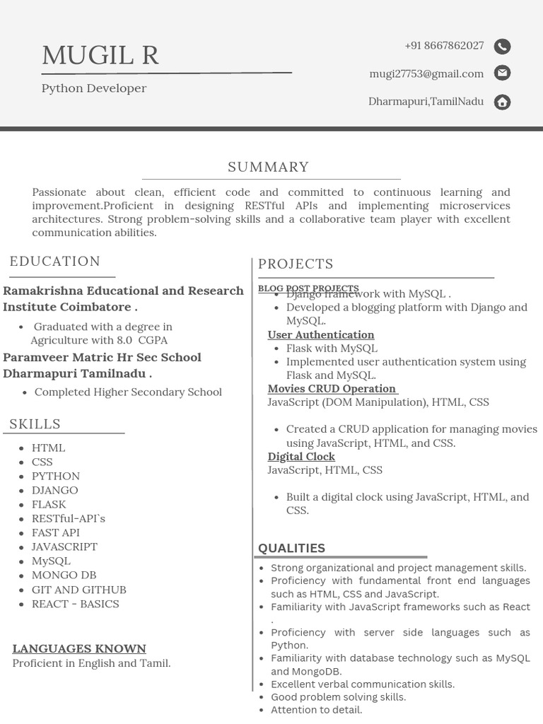 RESUME MUGIL - Sample Resume | PDF | My Sql | Java Script