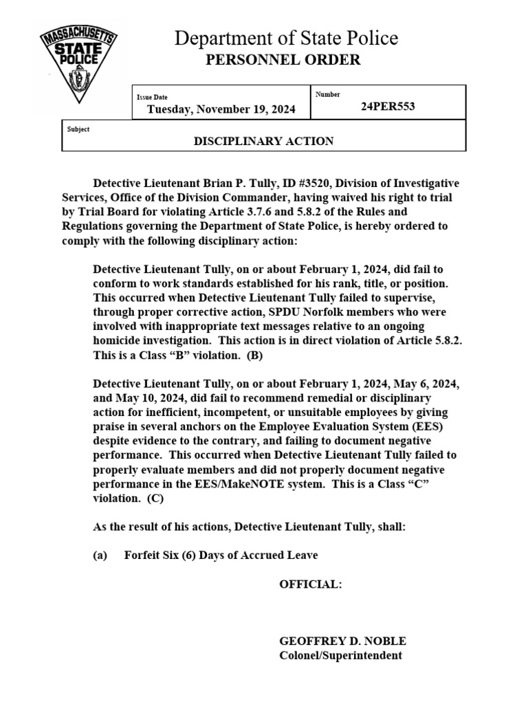 Det. Lt. Brian Tully Personnel Order | PDF