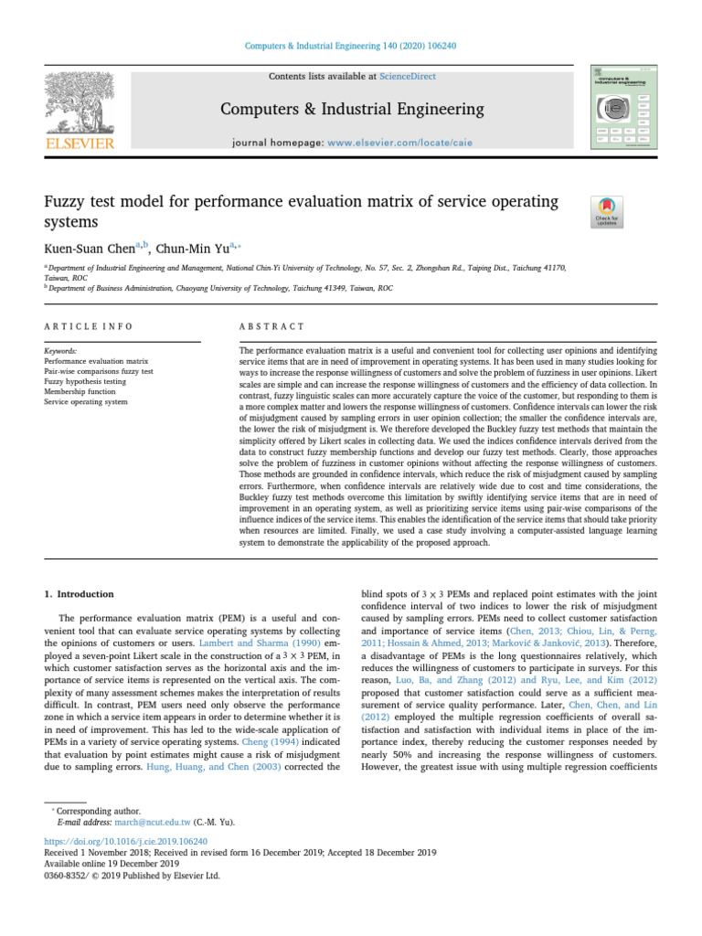 Fuzzy Test Model For Performance Evaluation Matrix of Service Operating ...