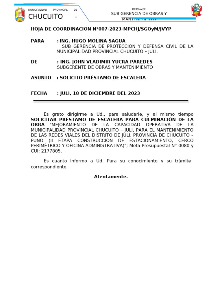 Hoja de Coordinacion N07 Solicito Préstamo de Escalera | PDF