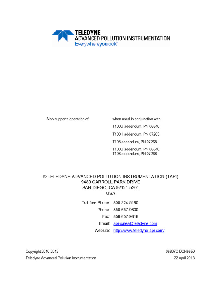 T100 UV Fluorescence SO2 Analyzer Manual | PDF | Calibration | Computer ...