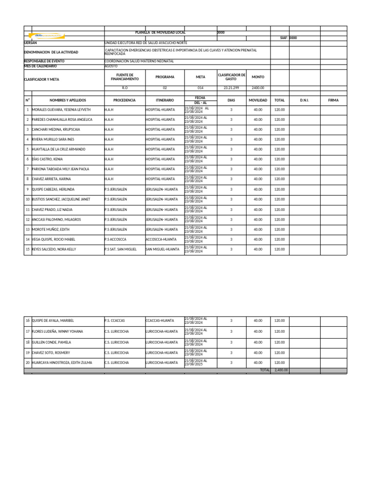 Modelo Planilla MOVILIDAD | PDF
