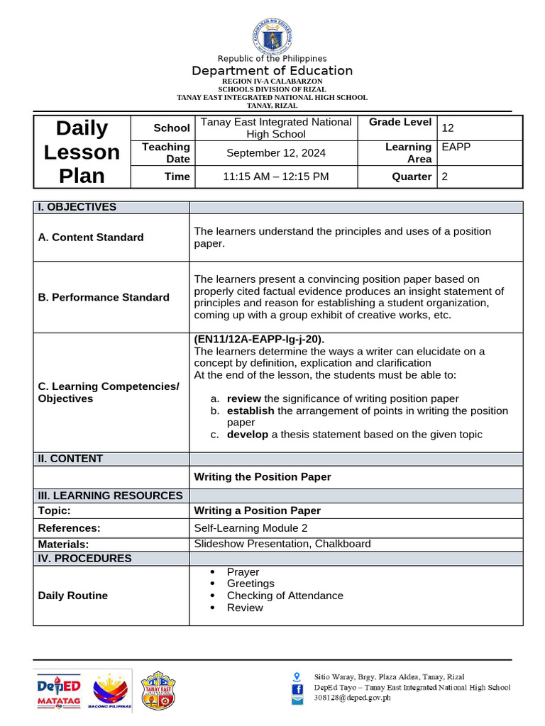 Grade 12 EAPP Lesson Plan: Position Paper | PDF | Cognition | Learning