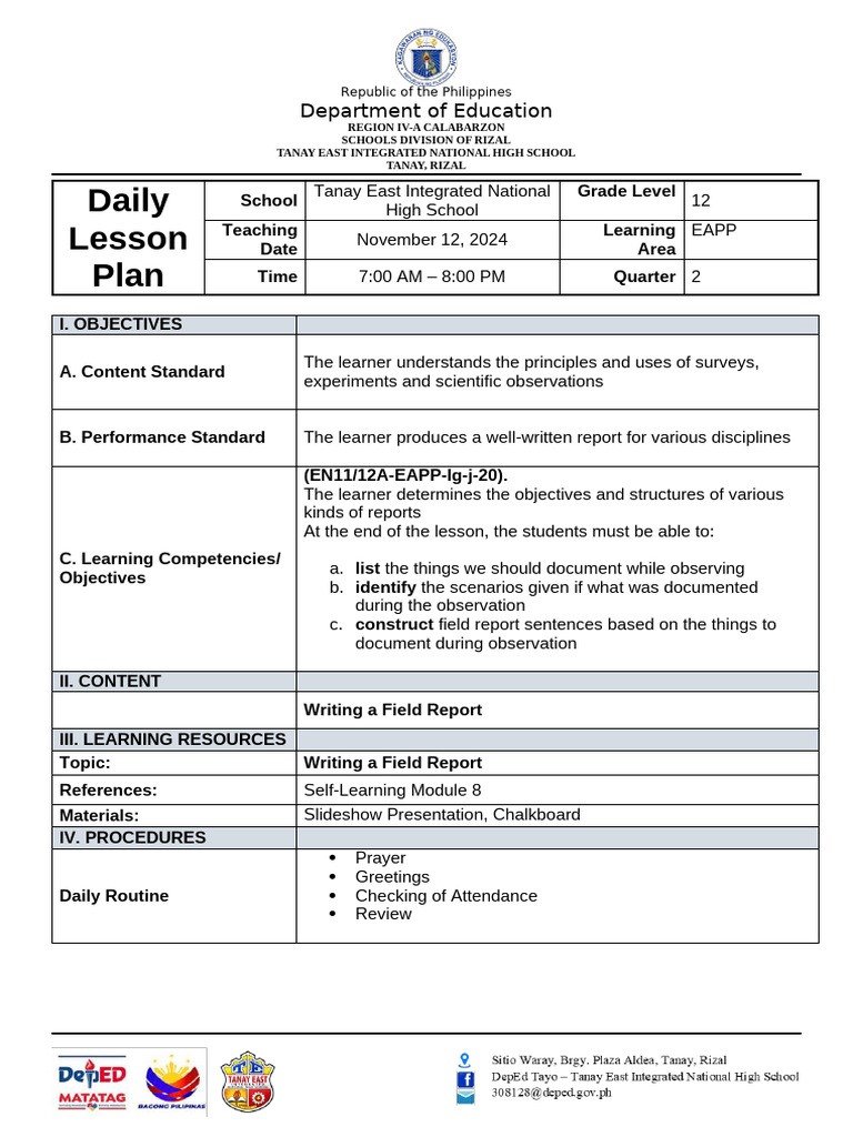 Grade 12 Field Report Lesson Plan | PDF | Learning | Human Communication
