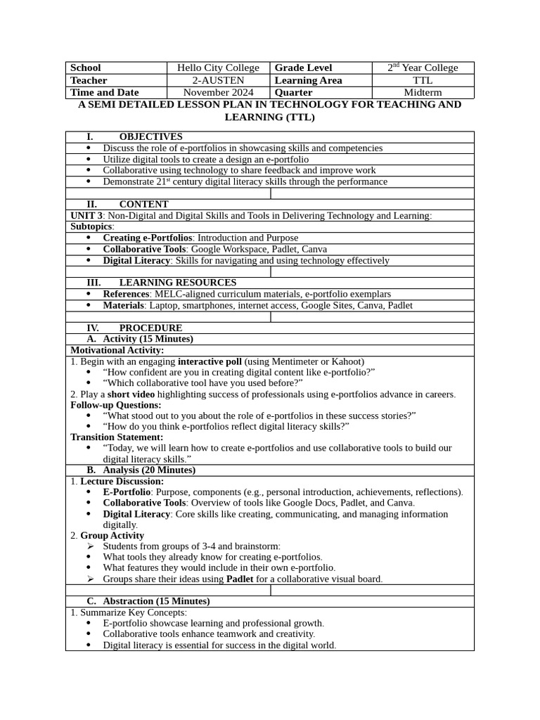 Lesson Plan (TTL 1) | PDF | Lesson Plan | Literacy