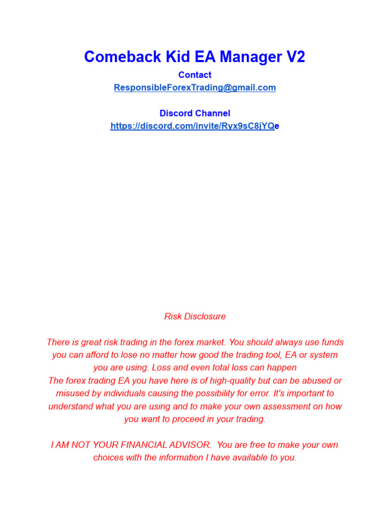 The Comeback Kid EA Manual V2 | PDF | Option (Finance) | Foreign Exchange Market