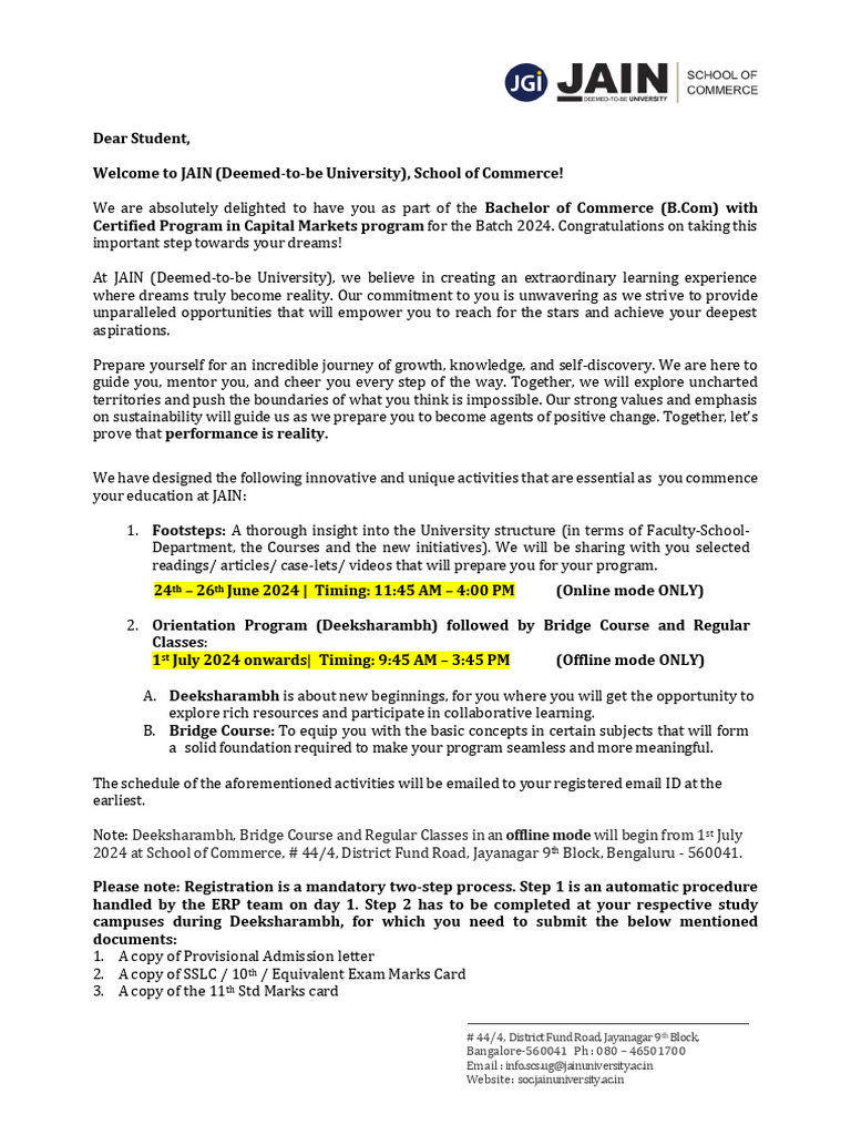 Welcome Letter - BCom - Certified Program in Capital Markets | PDF