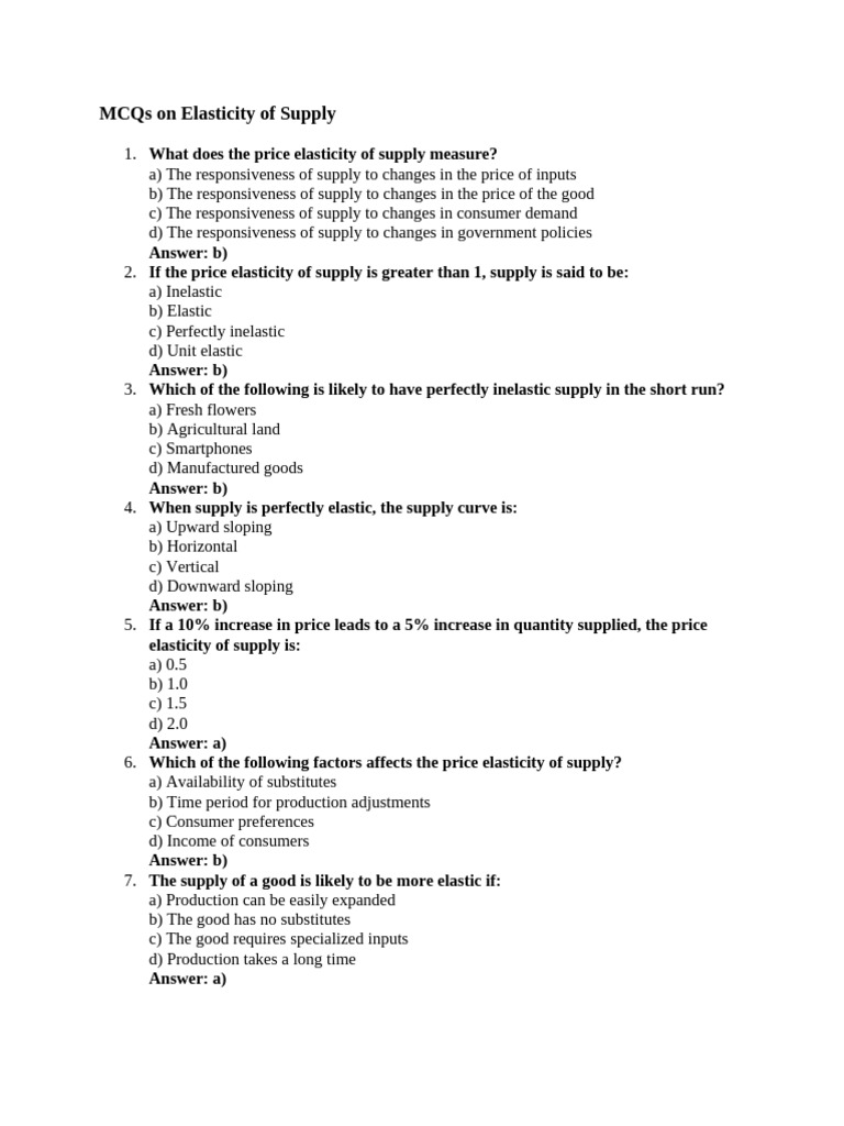 MCQs on Supply Elasticity Concepts | PDF | Elasticity (Economics) | Supply (Economics)