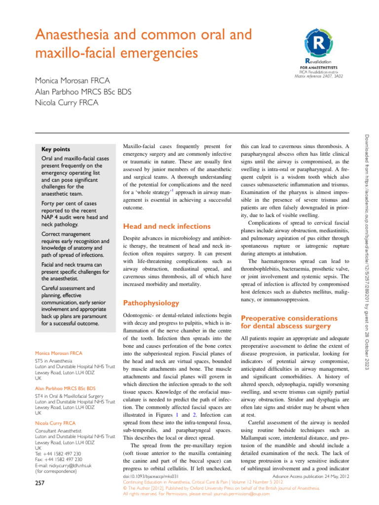 Anaesthesia and Common Oral and Maxillo-Facial Emergencies | PDF | Anesthesia | Surgery