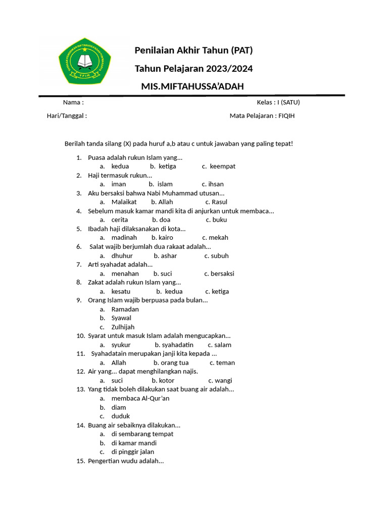 Soal Pat Fiqih Kelas 1 | PDF