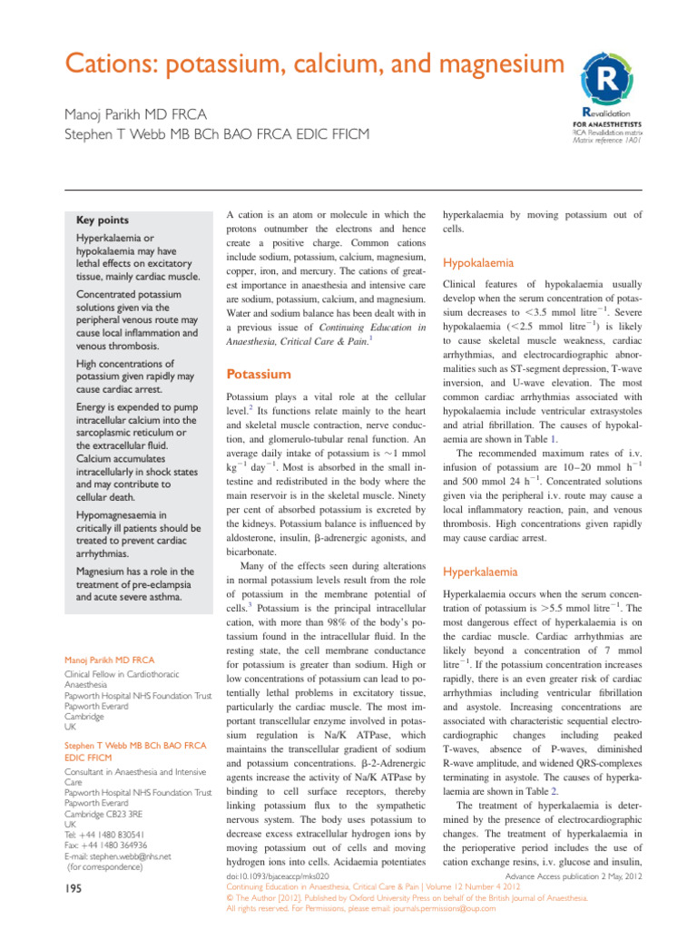 Cations Potassium Calcium and Magnesium | PDF | Magnesium | Potassium