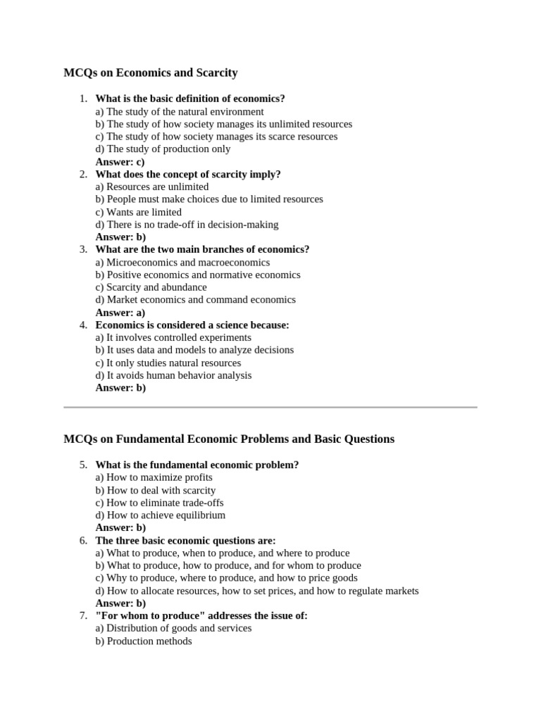 MCQs On Economics and Scarcity | PDF | Market Economy | Economics