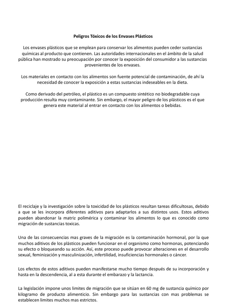 Peligros Tóxicos de Los Envases Plásticos | PDF | El plastico | Alimentos