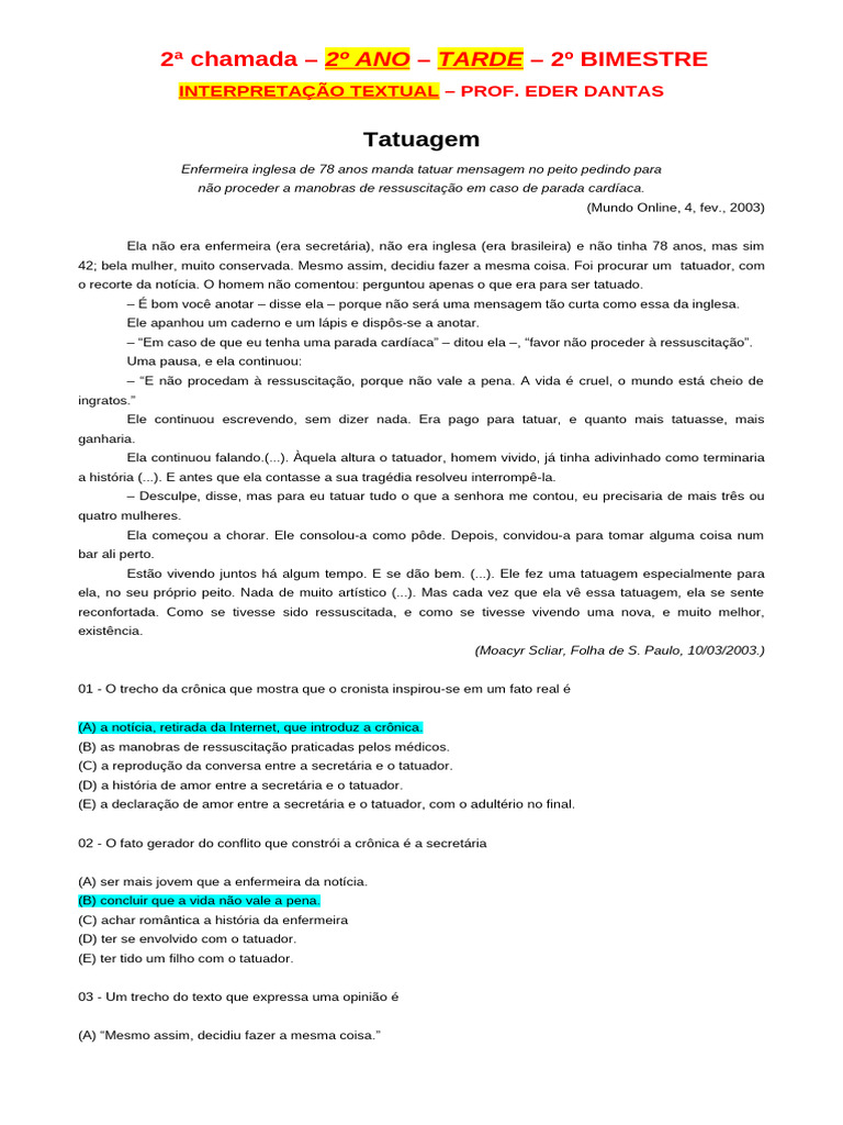 (2 Chamada) - 2º Ano T - Int. Textual | PDF | Tatuagem | Salomão