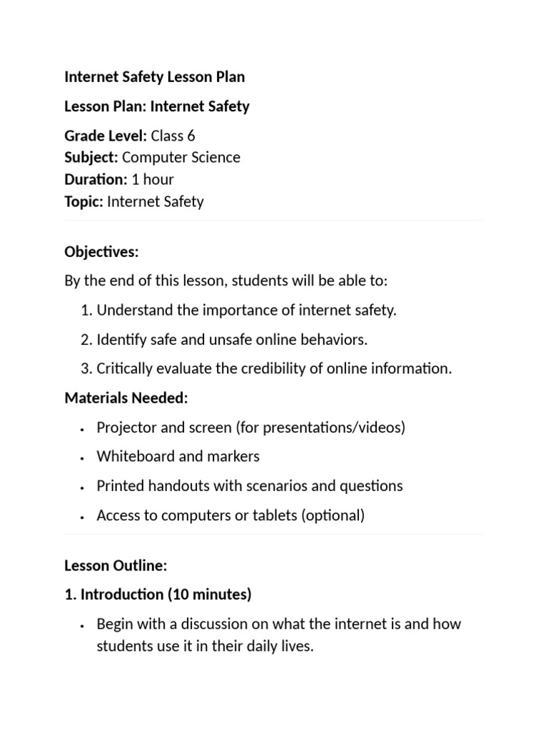 Internet Safety Lesson Plan | PDF | Critical Thinking | Lesson Plan
