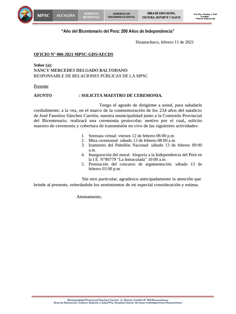 Oficio #006 Solicta Prestamo Maestro de Ceremonia | PDF