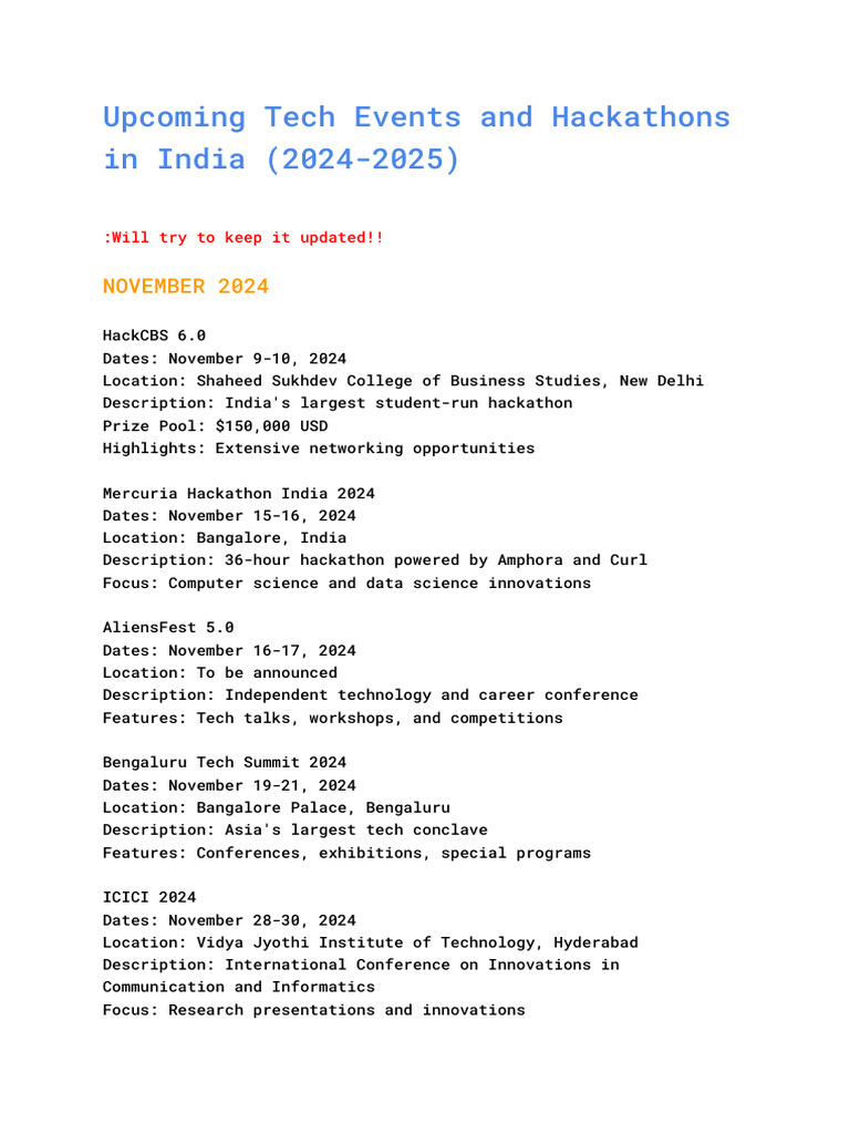 Upcoming Tech Events and Hackathons in India (2024-2025) | PDF | Computing | Cyberspace