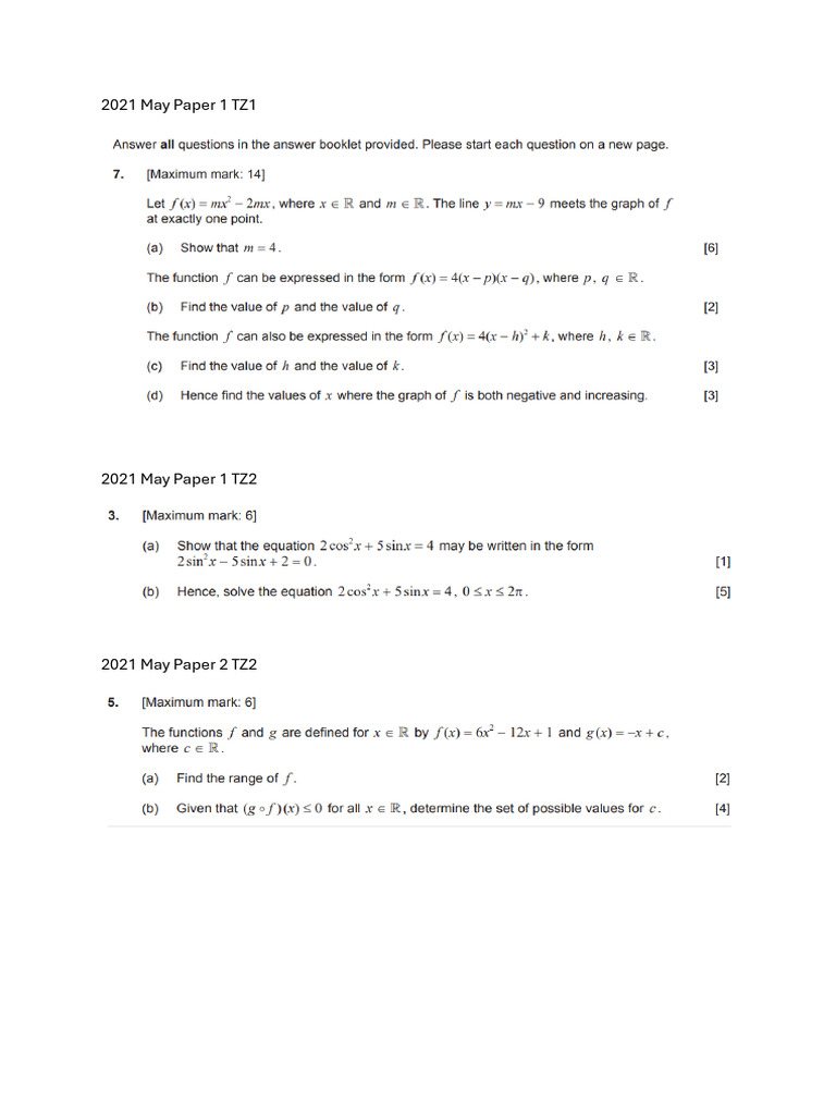 IB Past Paper - Quadratic | PDF