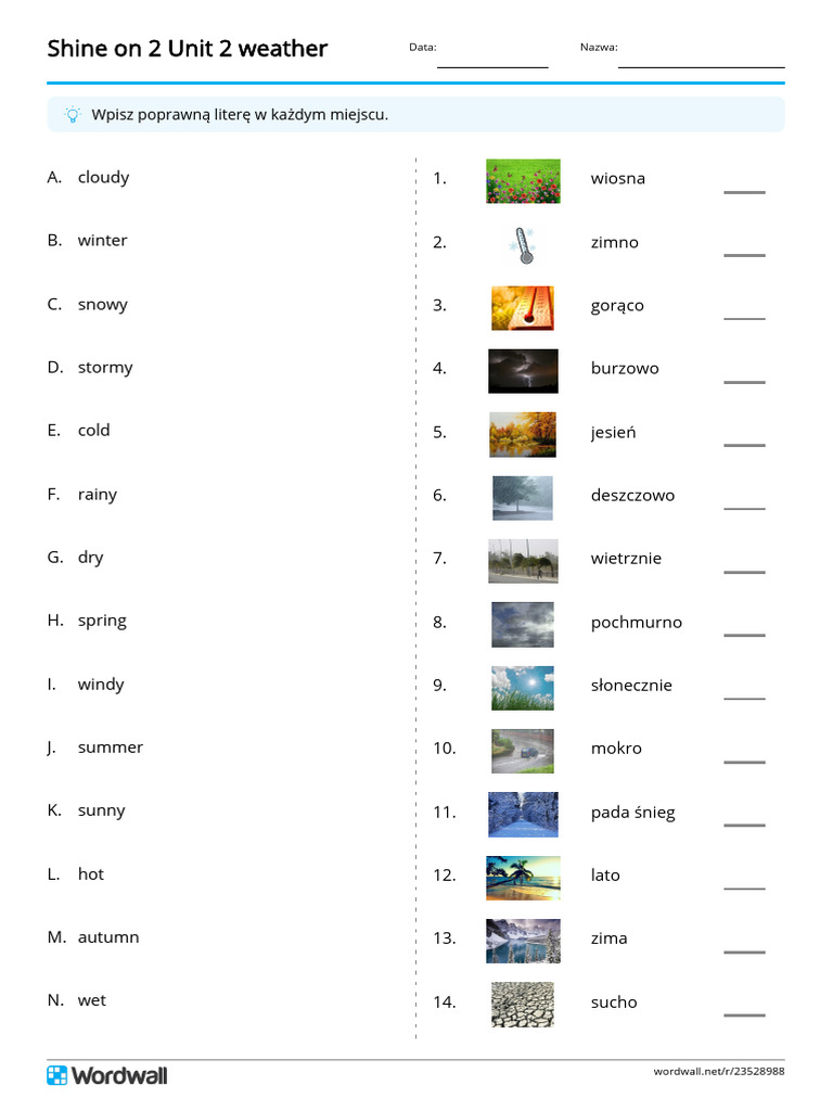 Shine On 2 Unit 2 Weather Dopasuj Się Napisz Odpowiedź | PDF