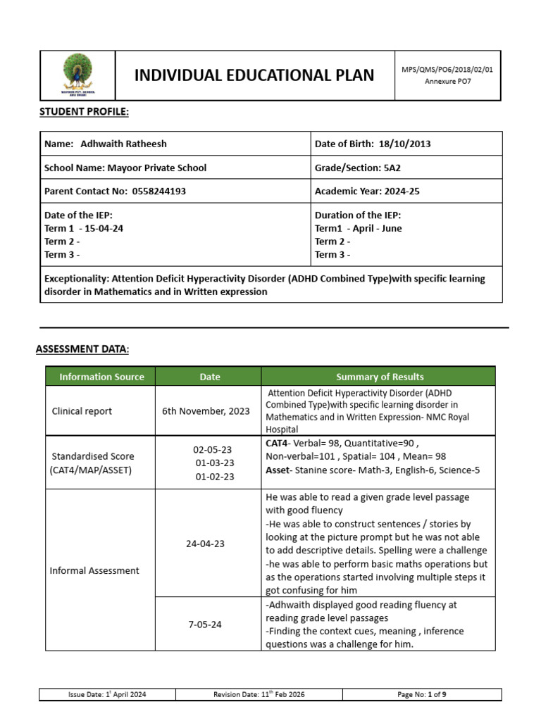 Adhwaith - IEP - 4G - A.Y 2024-25 | PDF | Individualized Education ...