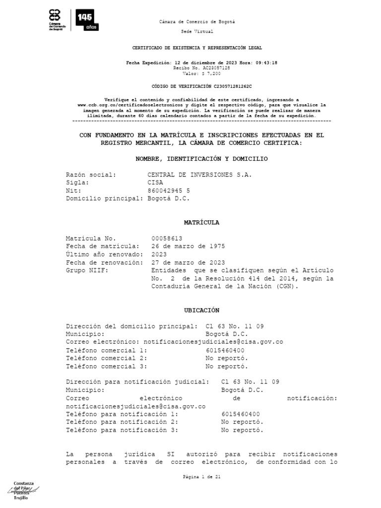 Certificado de Existencia y Representación Legal de CISA, Expedido Por La Cámara de Comercio de ...
