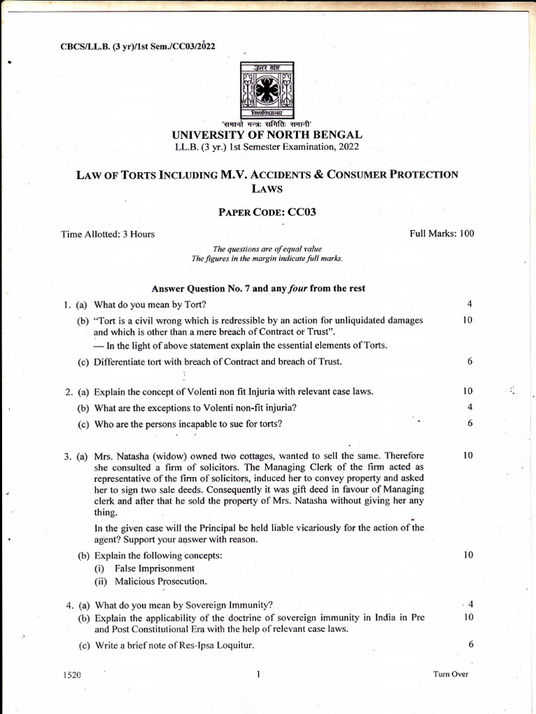 LL.B 3 Yr - I - Law of Torts Cc03 | PDF | Tort | Civil Law (Legal System)