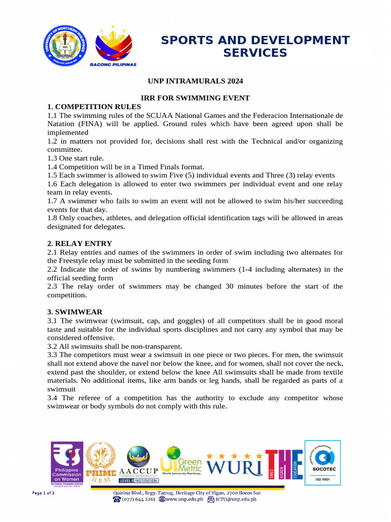 Swimming Guidelines Intrams 2024 | PDF | Swimming (Sport) | Swimsuit