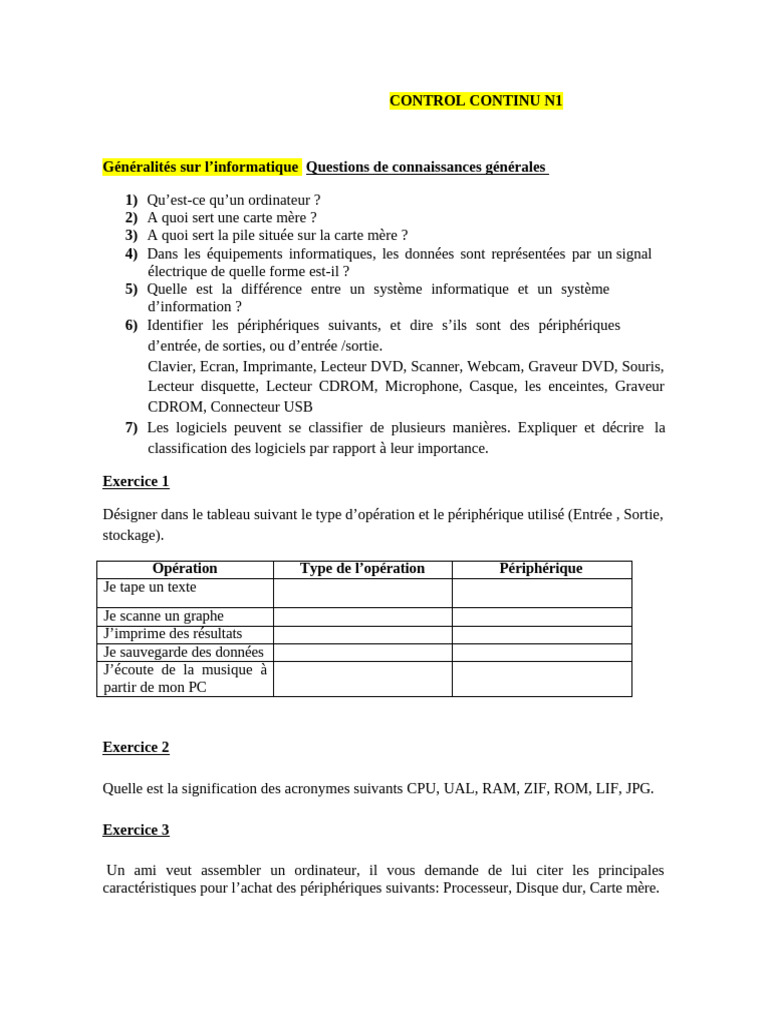 Control Continu N1 | PDF | Ordinateurs