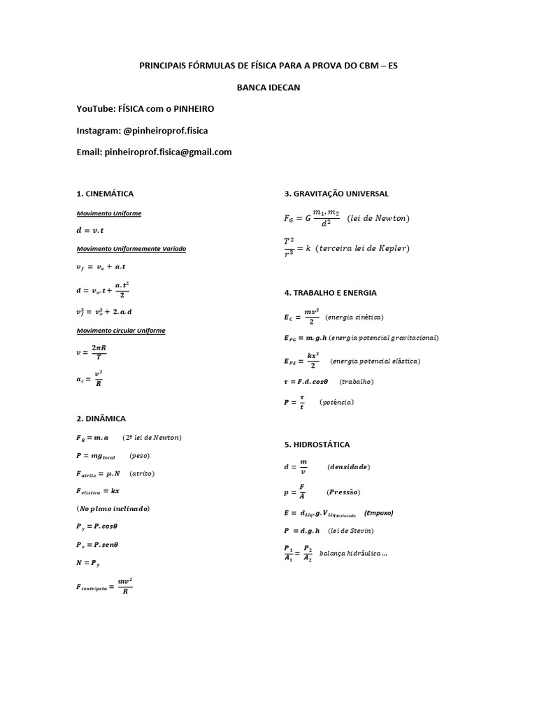 Fórmulas de Física para Prova do CBM | PDF | Física | Ciências Físicas