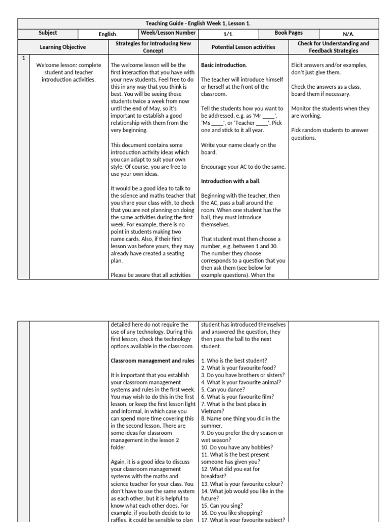 Teaching Guide - English Week 1, Lesson 1 | PDF | Teachers | Cognition
