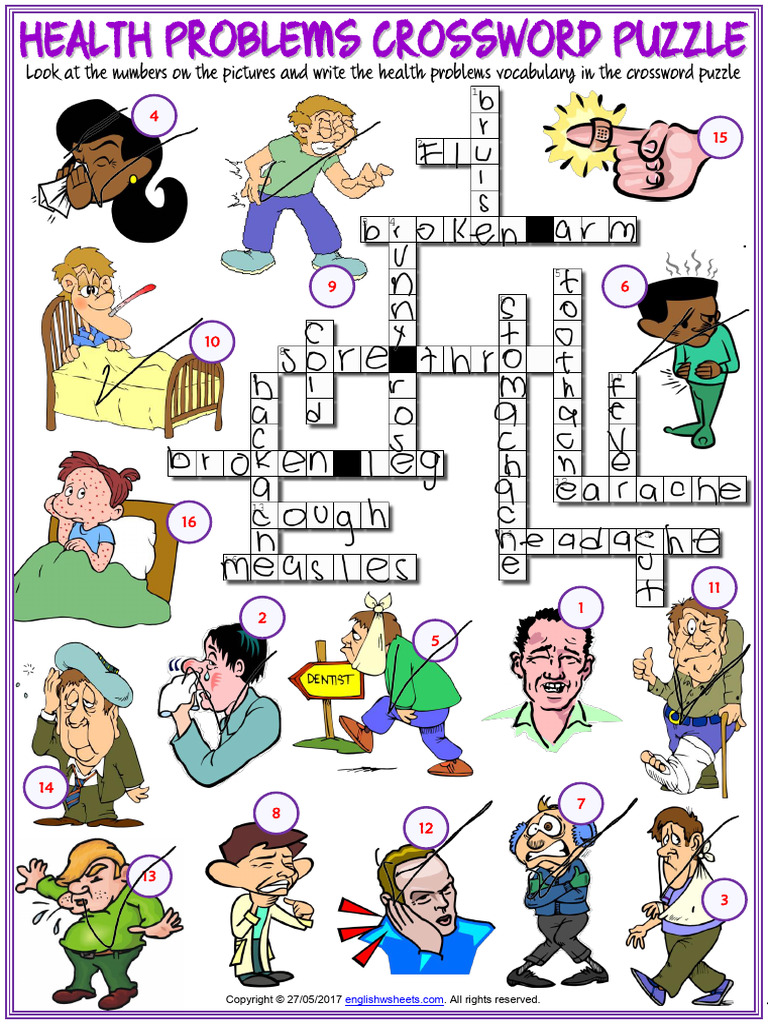 Health Problems Vocabulary Esl Crossword Puzzle Worksheet For Kids | PDF