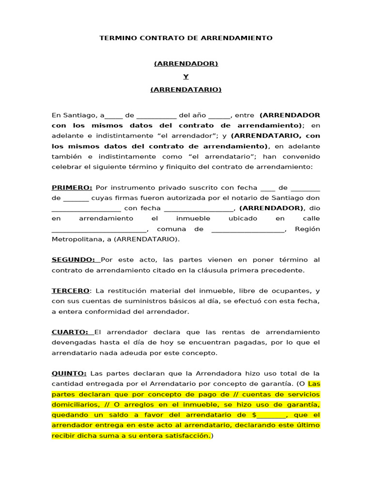 Termino de Contrato ARRENDAMIENTO | PDF | Ley común | Derecho contractual