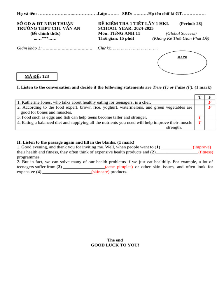 Test 1 Unit 1-3 (24-25) LISTENING-Key | PDF | Healthy Diet | Foods