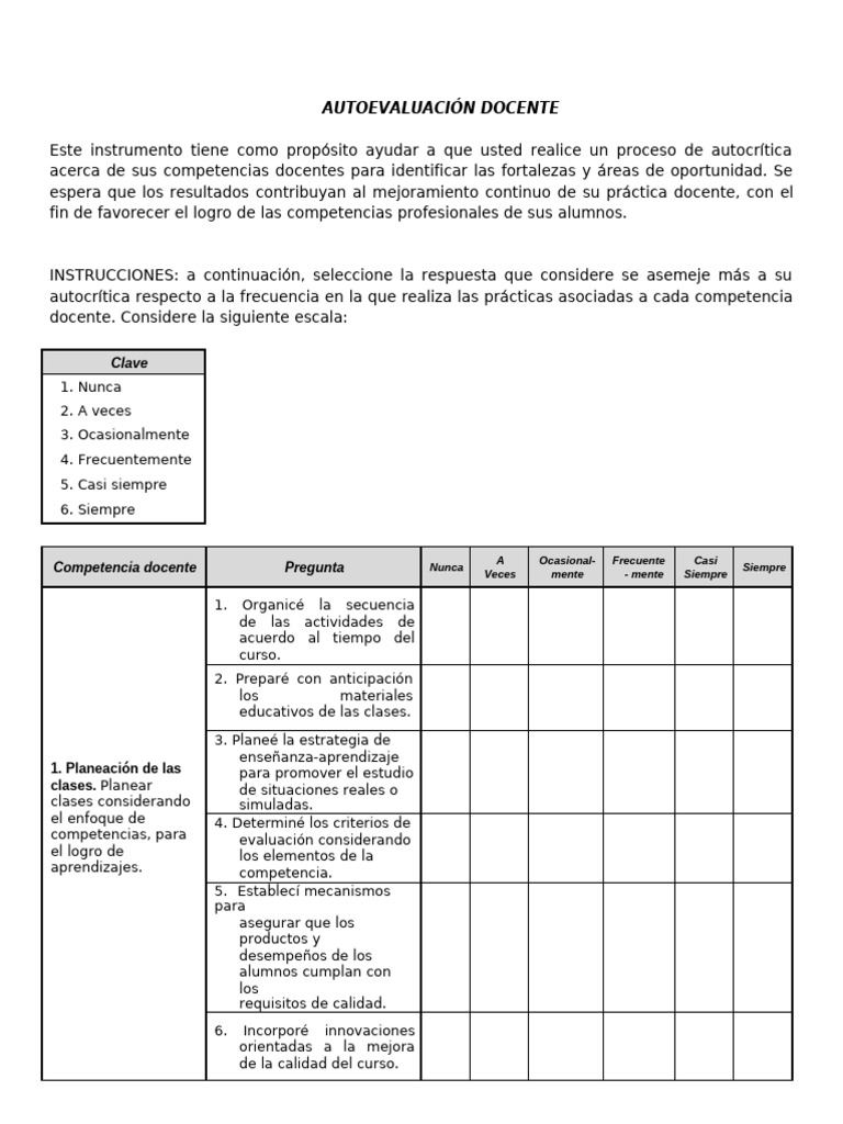 1 AUTOEVALUACIÓN Docente | PDF | Maestros | Evaluación