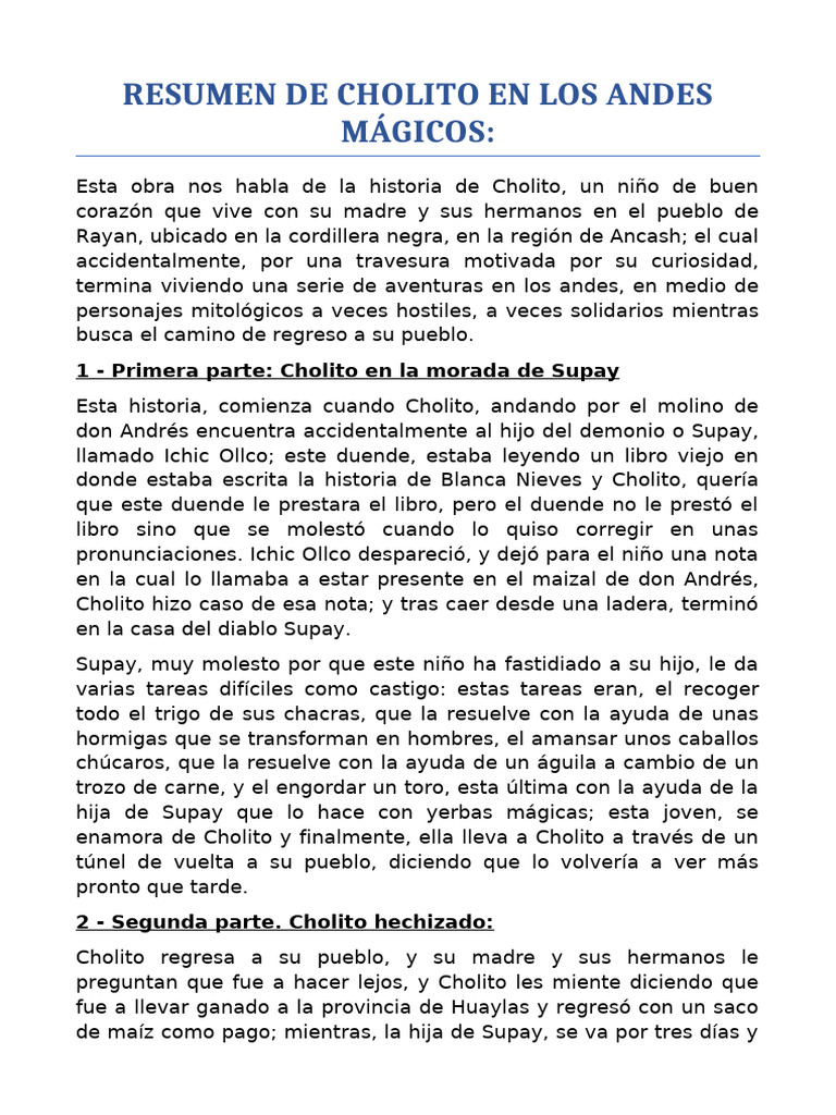 Cholito en Los Andes Mágicos - Resumen | PDF | Novela negra, policíaca y suspenso | Clásicos