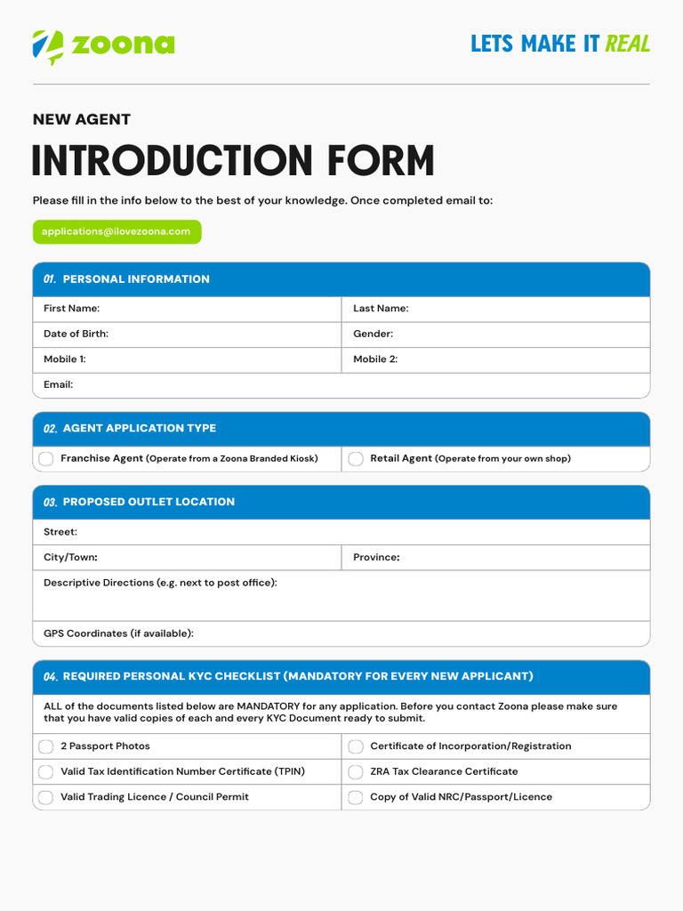 Zoona Agent Application Form 2024 | PDF | Identity Document
