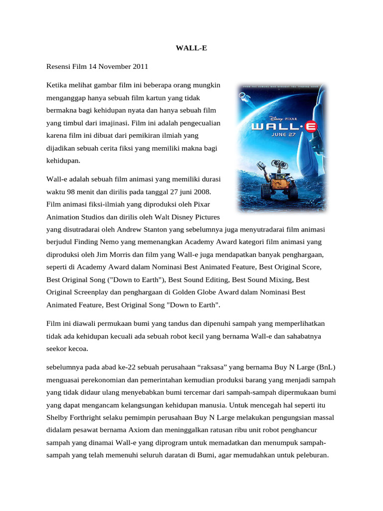 Resensi Film Wall-E | PDF | Seni | Dewasa Muda