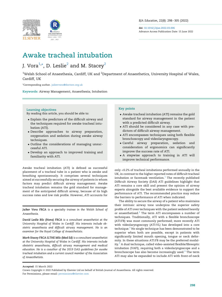 Awake Tracheal Intubation | PDF | Medical Specialties | Anesthesia