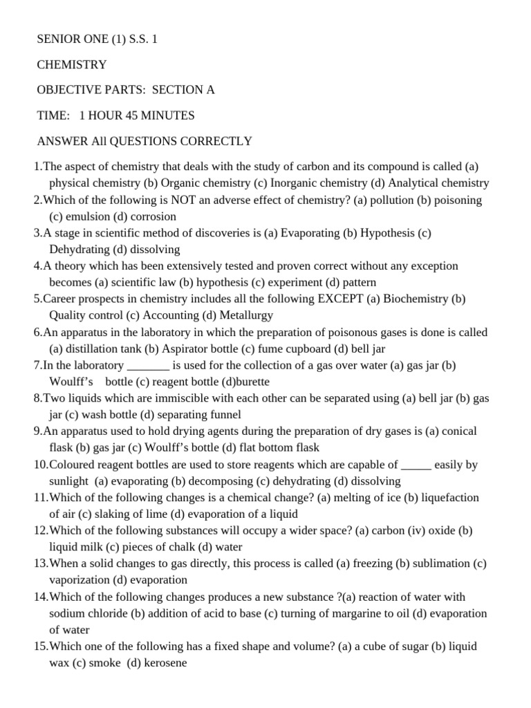 SS1 Chemistry Examination Questions For First Term | PDF | Chemical ...